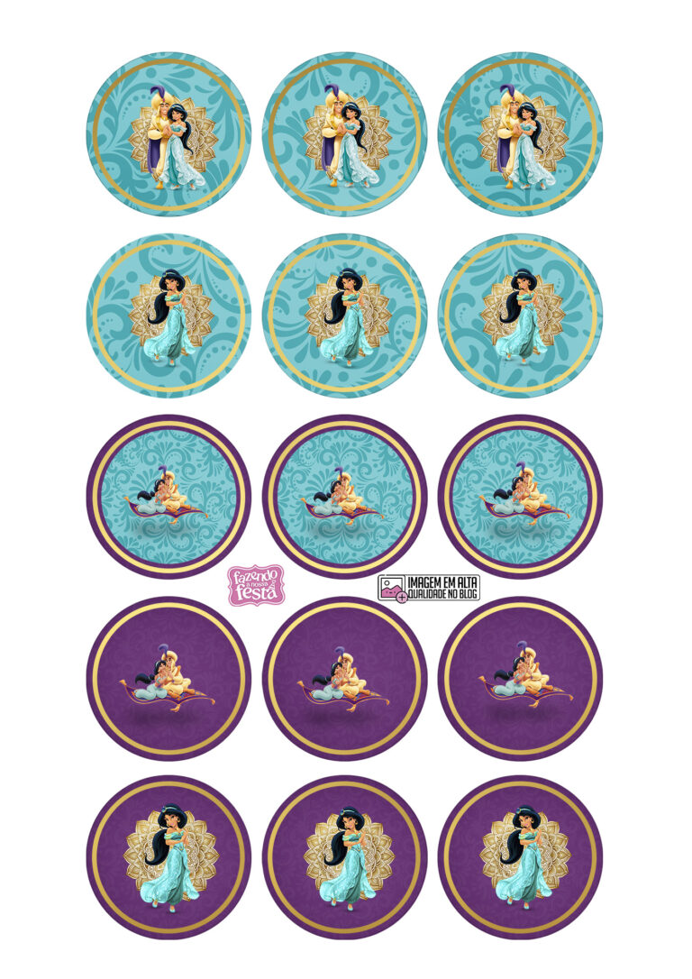 Toppers Redondos kit festa jasmine e aladdim - Fazendo a Nossa Festa