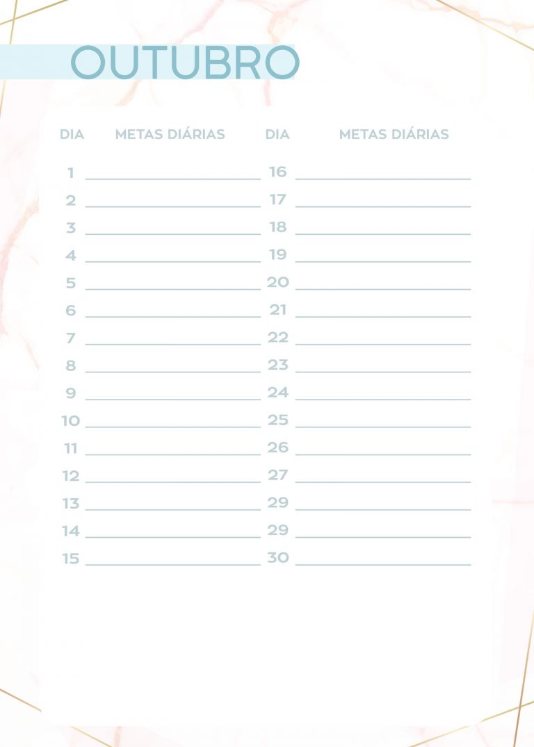 Planner Marmore metas diarias outubro - Fazendo a Nossa Festa