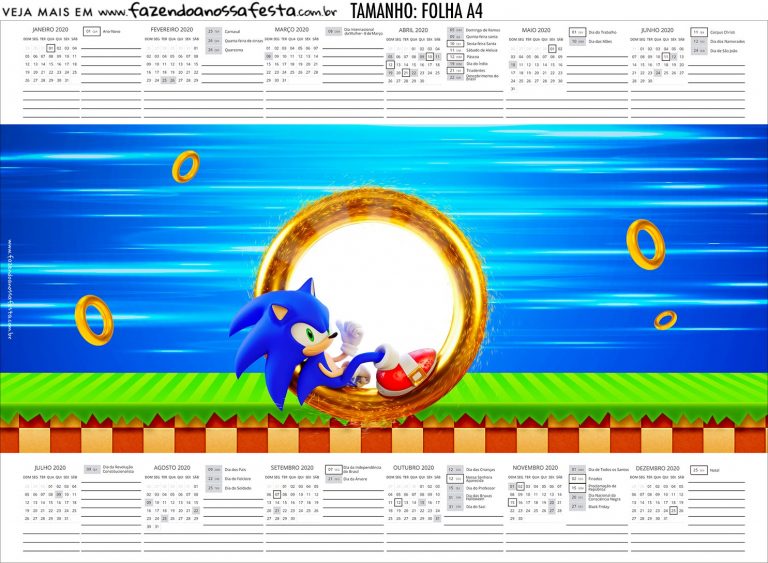 Calendario Personalizado 2020 Sonic - Fazendo a Nossa Festa
