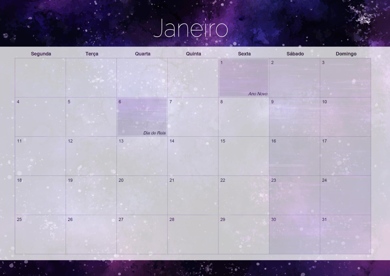 Calendario Mensal 2021 Janeiro Galaxia - Fazendo a Nossa Festa