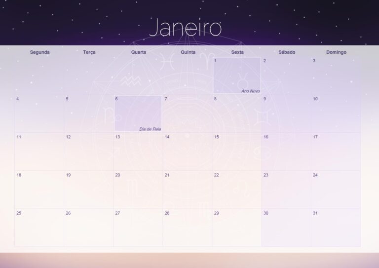 Calendario Mensal 2021 Janeiro Zodiaco - Fazendo a Nossa Festa