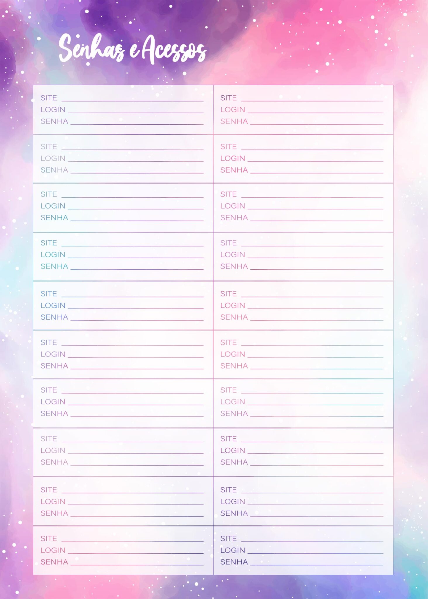 Planner Colorido Senhas e Acessos - Fazendo a Nossa Festa