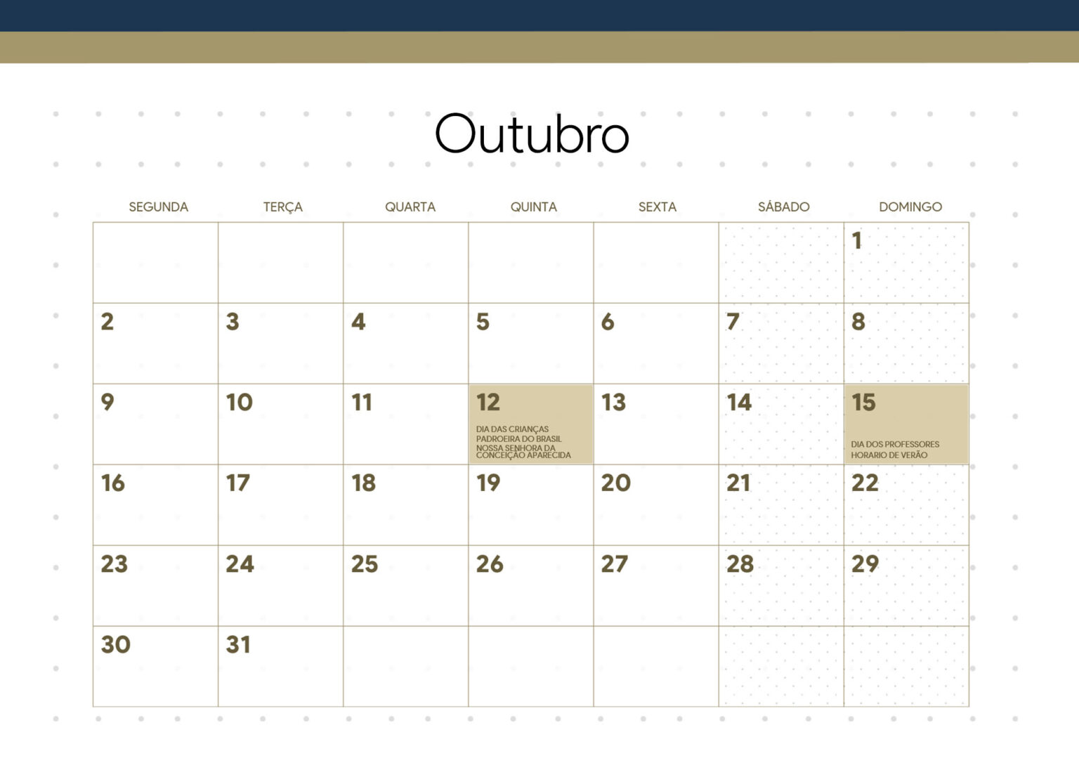 Calendario 2023 Azul Marinho Outubro - Fazendo a Nossa Festa