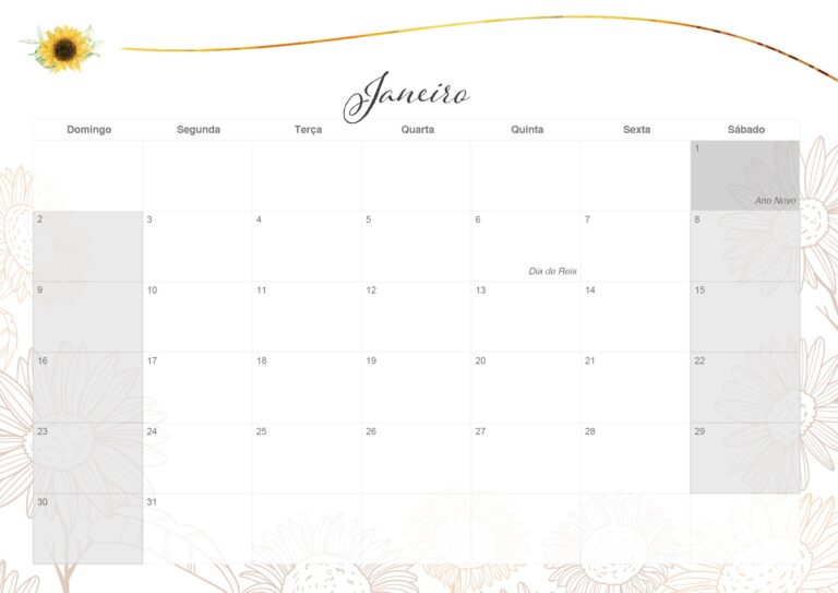 Calendario Mensal 2022 Girassol Janeiro 1 - Fazendo a Nossa Festa Calendario Mensal 2022 Girassol Janeiro 1 - Fazendo a Nossa Festa