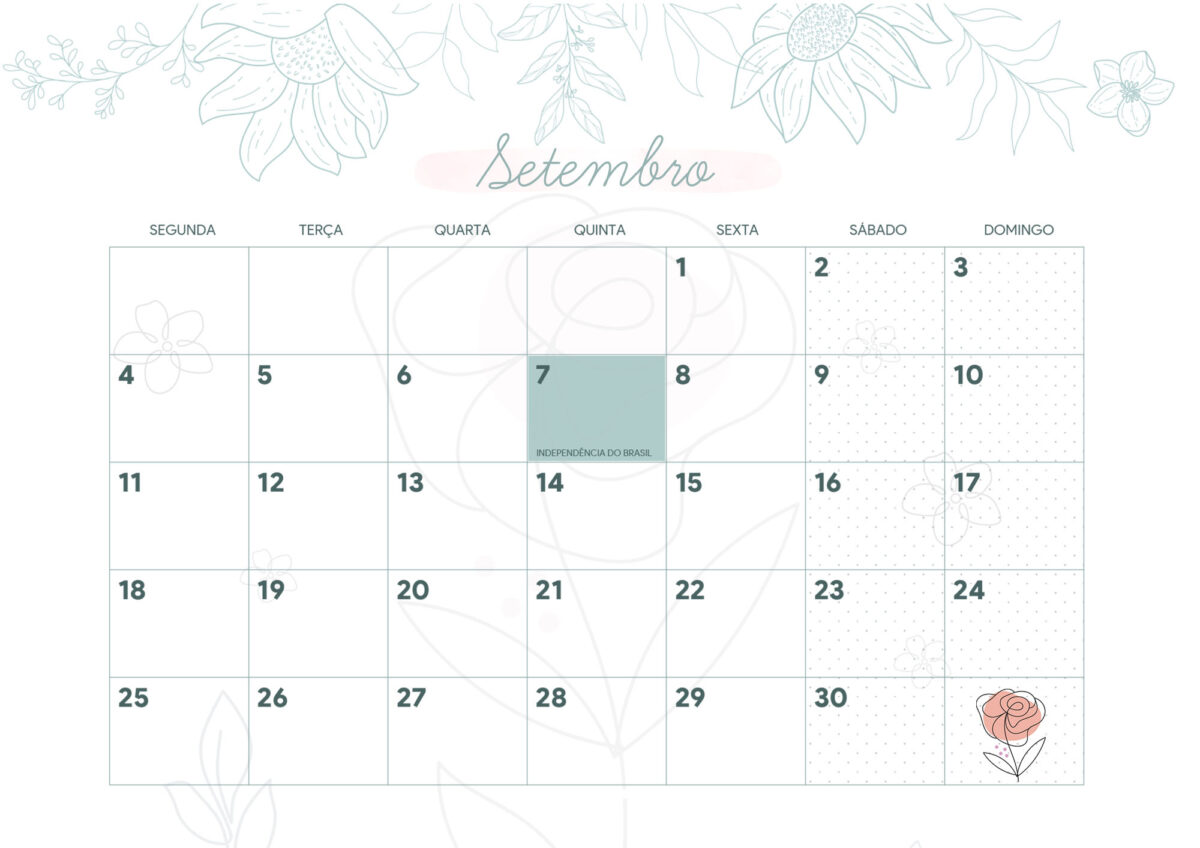 Calendario Mensal Flores Aquarela Setembro - Fazendo a Nossa Festa
