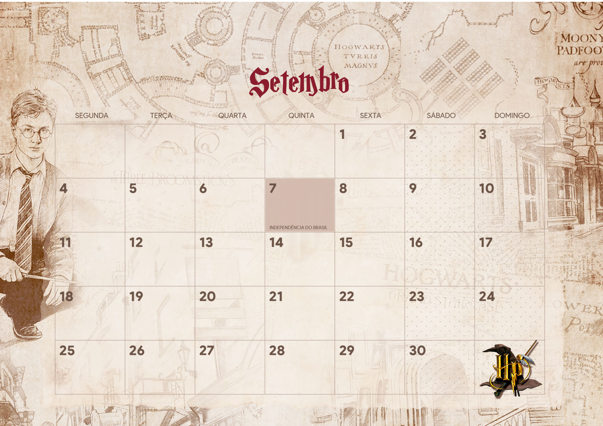 Calendario Mensal Harry Potter Setembro - Fazendo a Nossa Festa