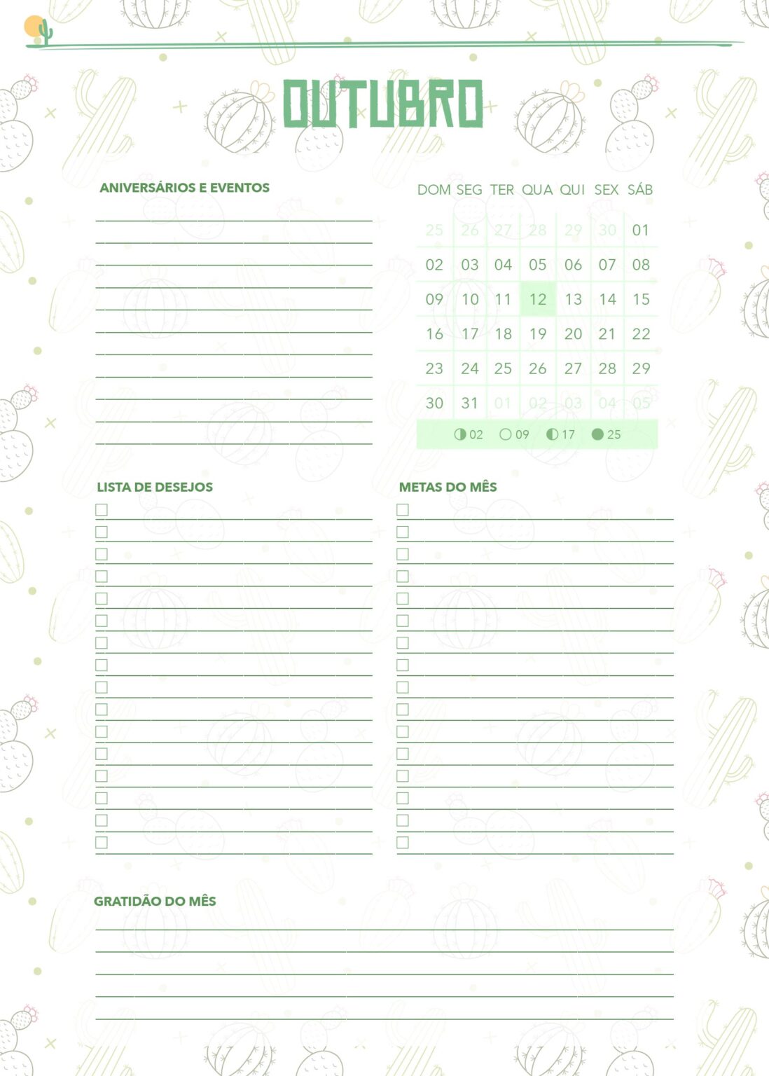 Planner Cactos para Imprimir Agenda Outubro - Fazendo a Nossa Festa