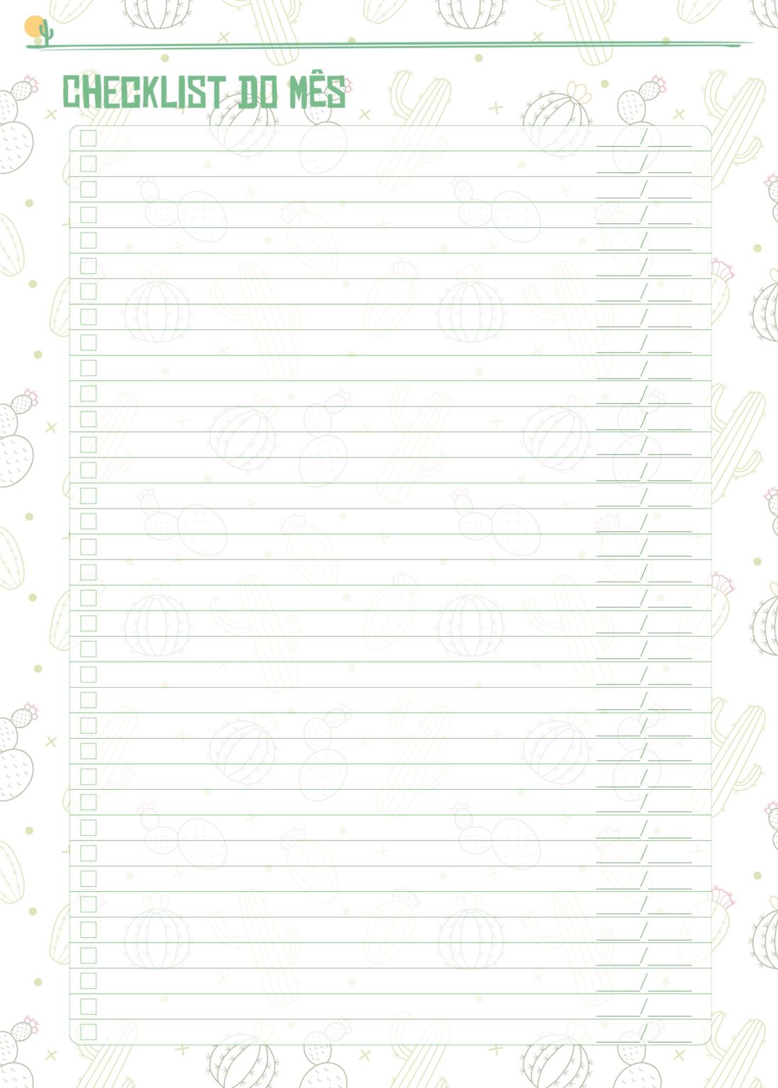 Planner Cactos para Imprimir Checklist Mensal - Fazendo a Nossa Festa