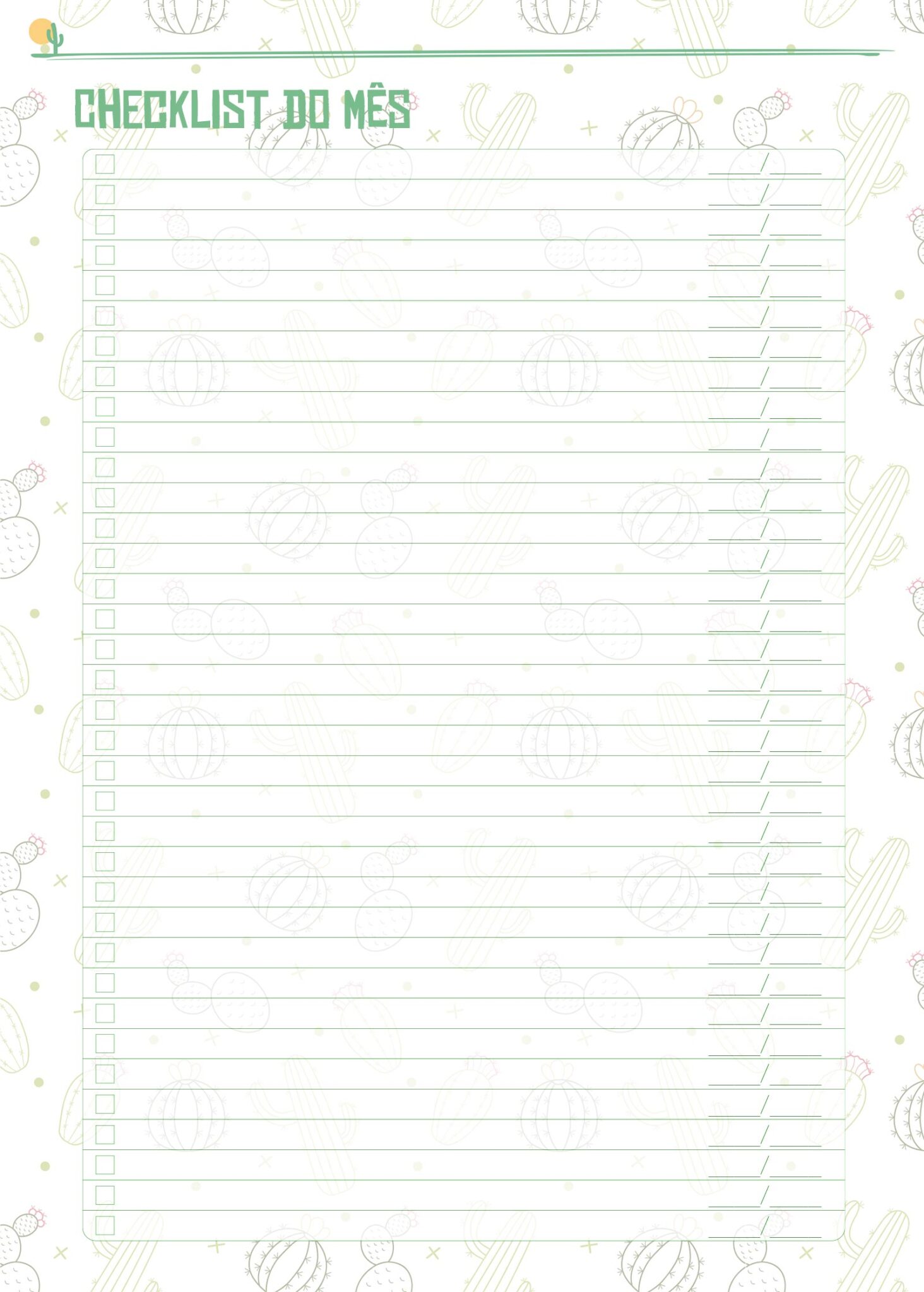 Planner Cactos para Imprimir Checklist Mensal - Fazendo a Nossa Festa