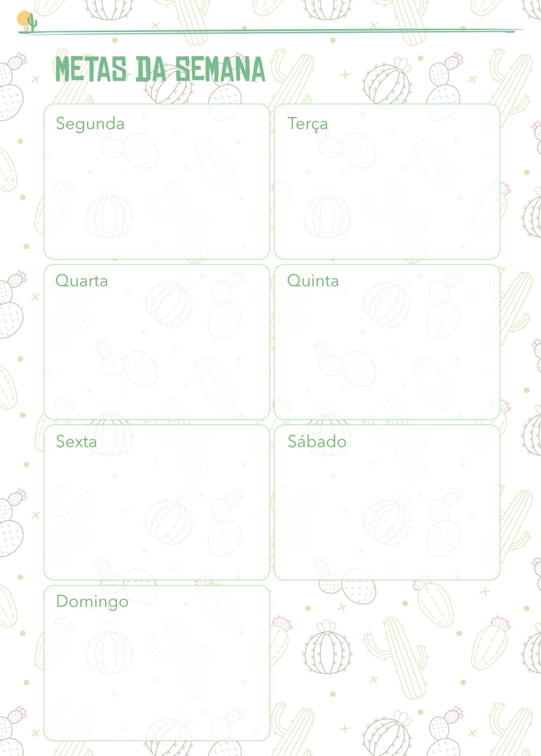 Planner Cactos para Imprimir Metas da Semana - Fazendo a Nossa Festa