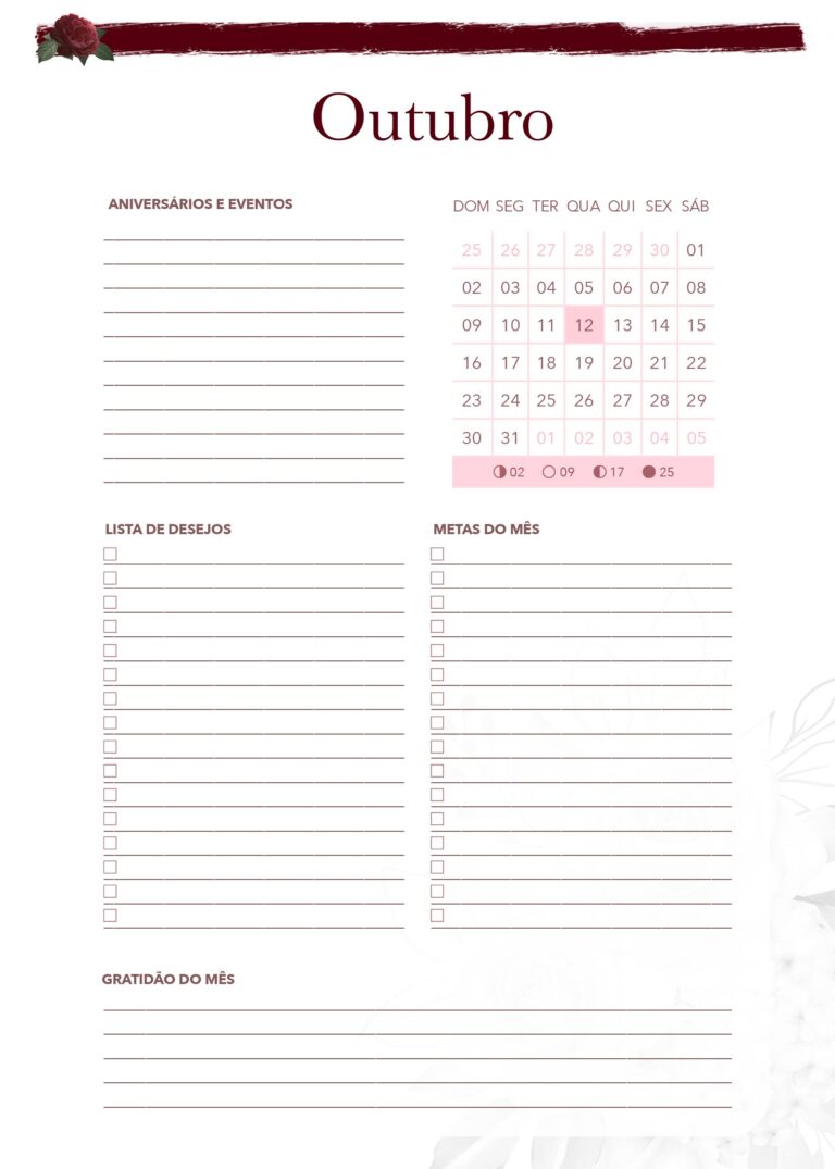 Planner Floral Marsala Agenda Outubro - Fazendo a Nossa Festa