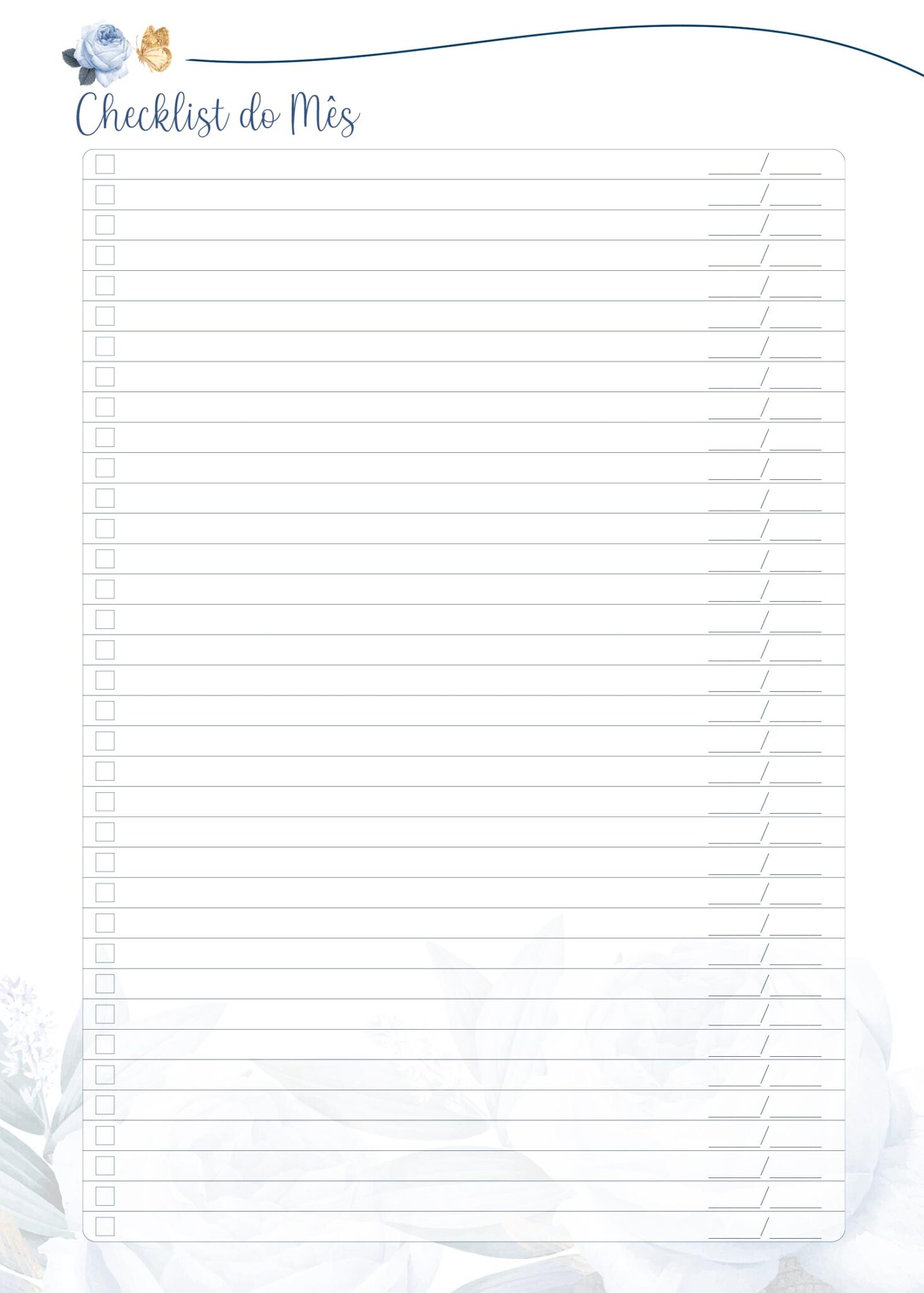 Planner Floral Rosas Azuis Checklist Mensal - Fazendo a Nossa Festa