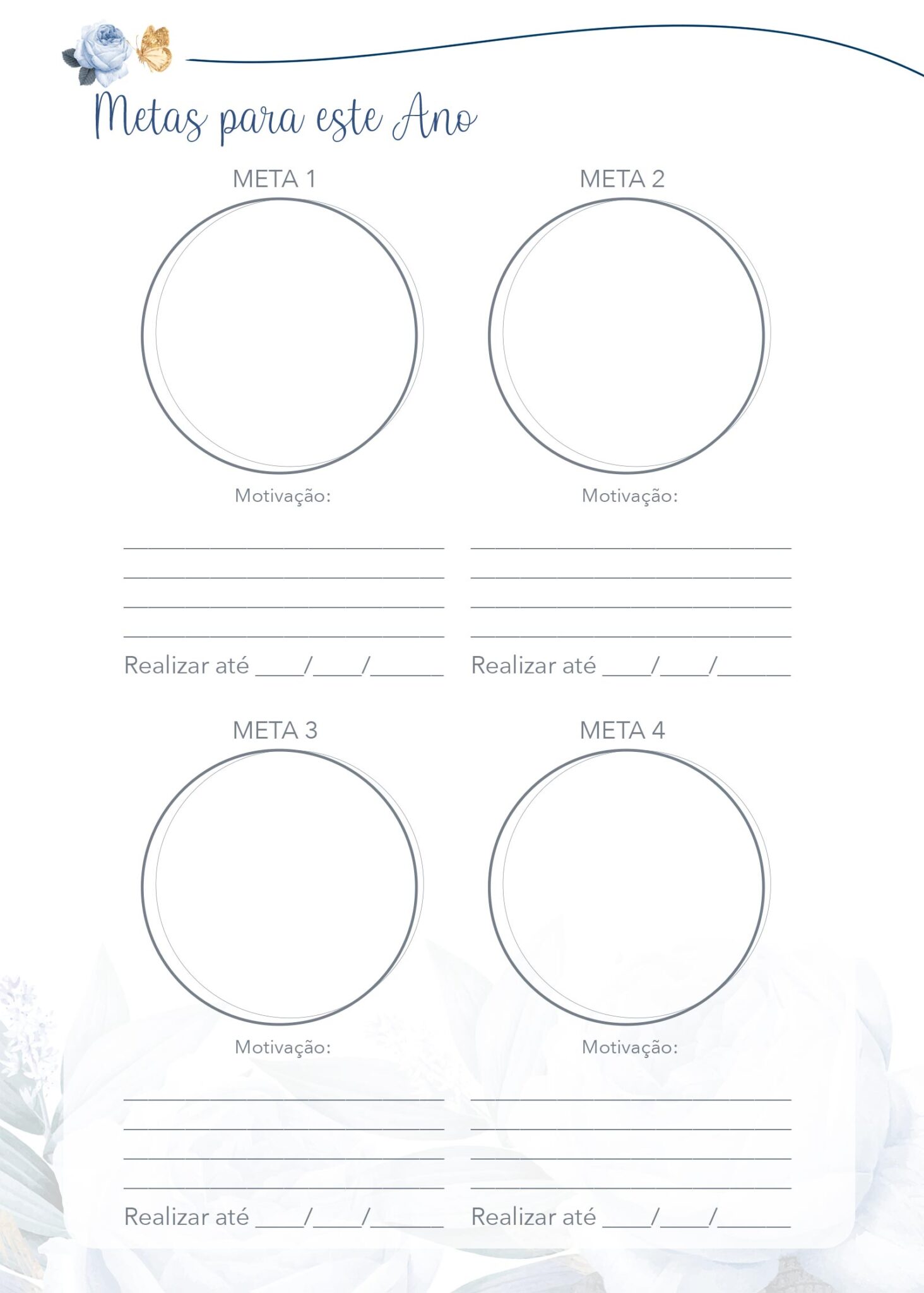 Planner Floral Rosas Azuis Metas para Este Ano - Fazendo a Nossa Festa