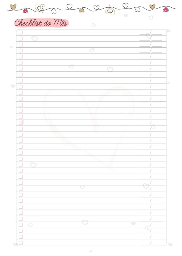Planner Coracoes Checklist Mensal - Fazendo a Nossa Festa