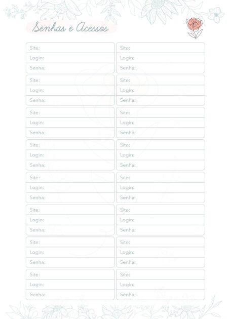 Planner Flores Aquarela Senhas e Acessos - Fazendo a Nossa Festa
