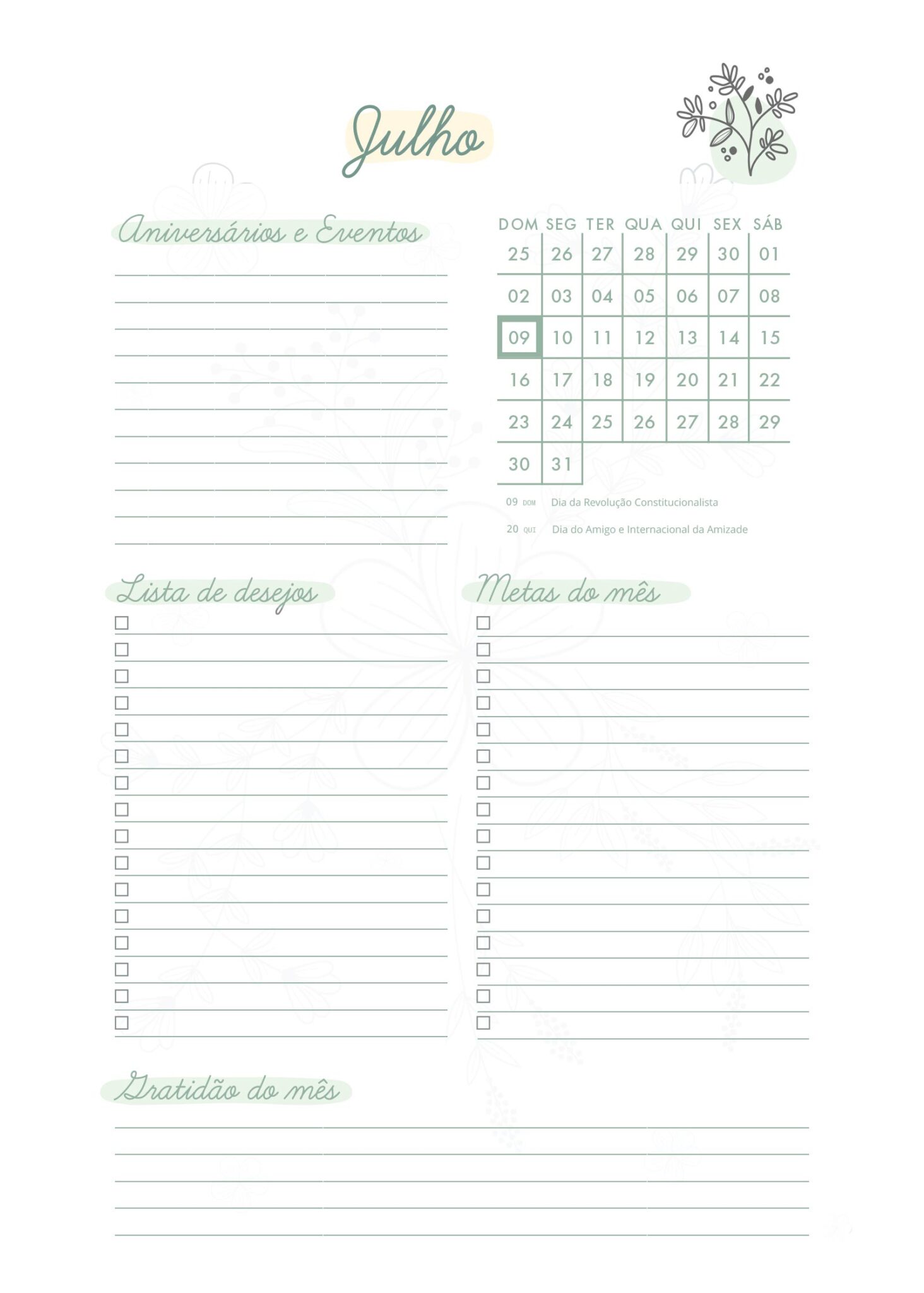 Planner Flores Delicadas Agenda Julho - Fazendo a Nossa Festa