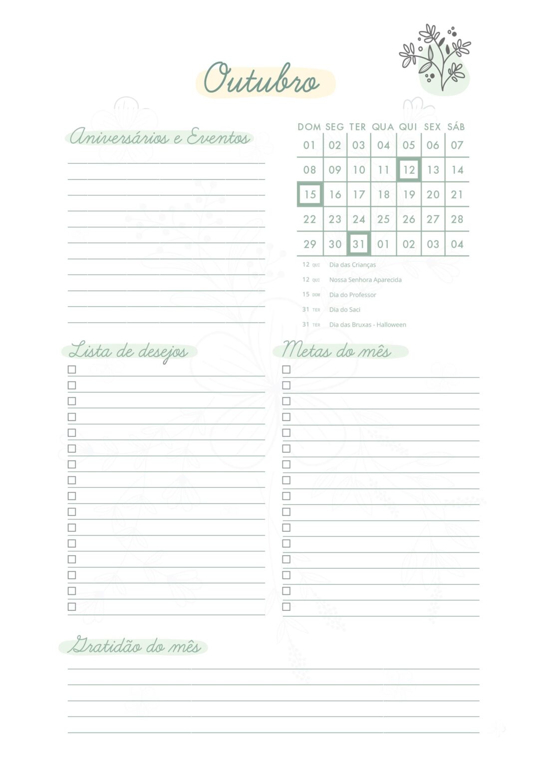 Planner Flores Delicadas Agenda Outubro - Fazendo a Nossa Festa