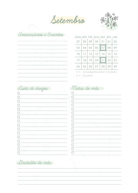Planner Flores Delicadas Agenda Setembro - Fazendo a Nossa Festa