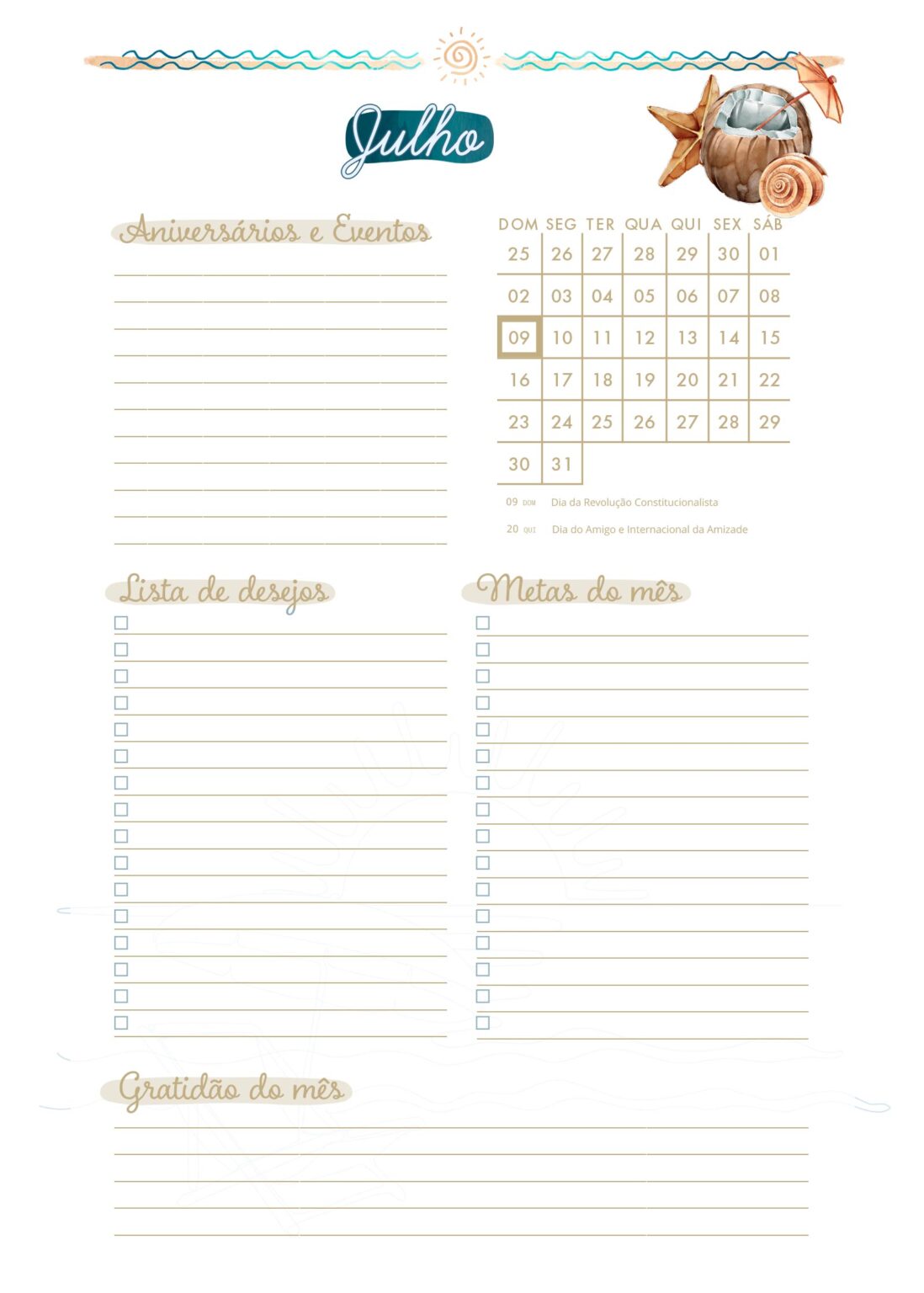 Planner Praia Agenda Julho - Fazendo a Nossa Festa