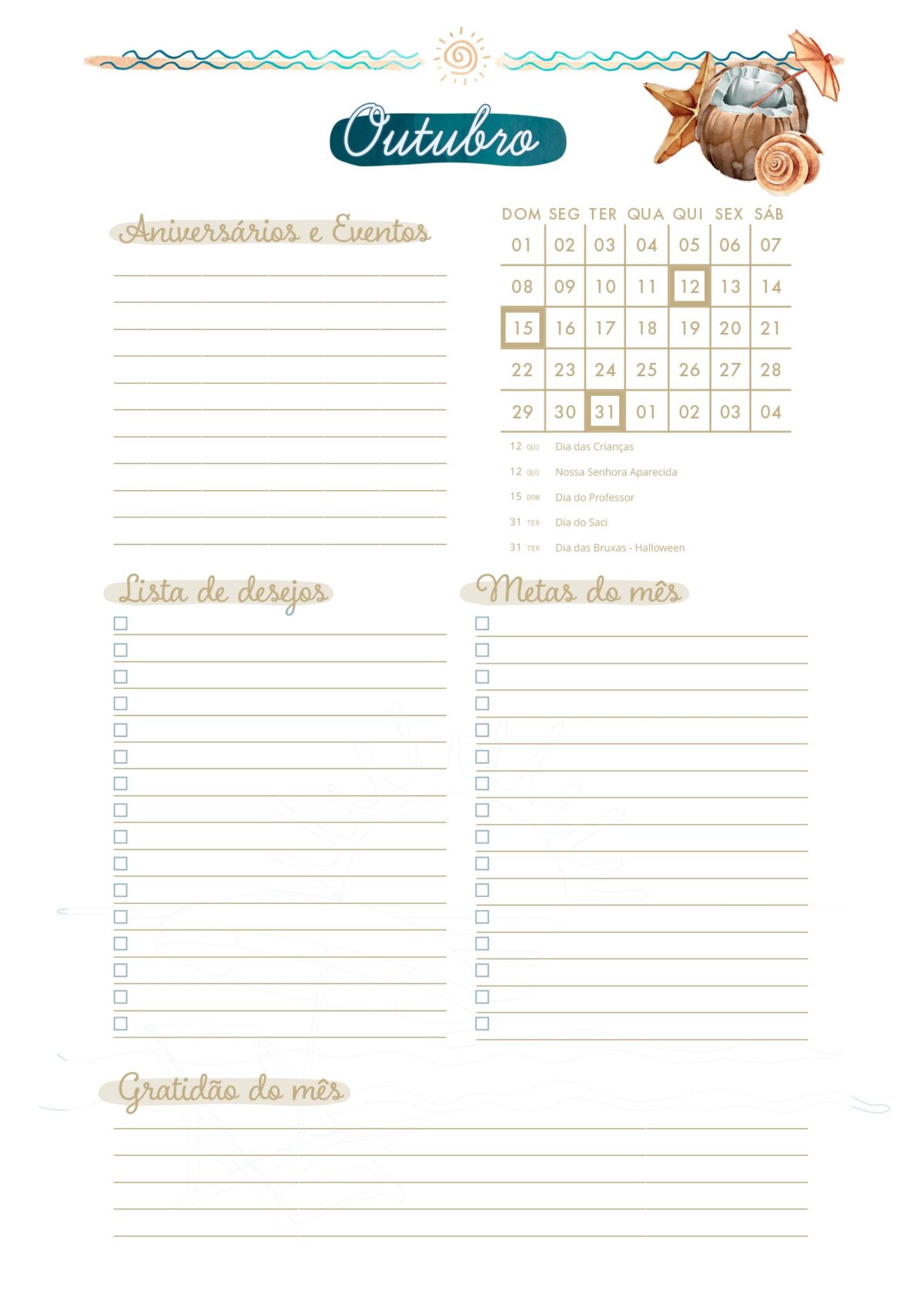 Planner Praia Agenda Outubro - Fazendo a Nossa Festa