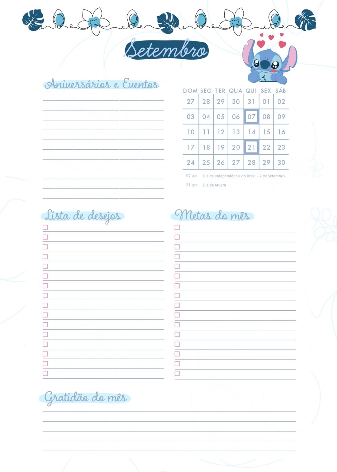 Planner Stitch Agenda Setembro - Fazendo a Nossa Festa