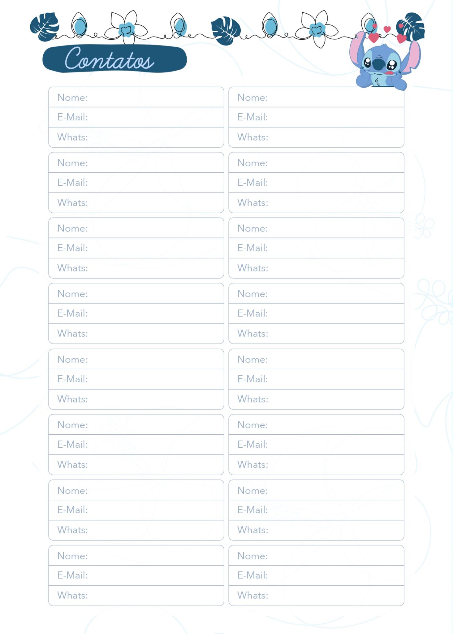 Planner Stitch Contatos - Fazendo a Nossa Festa