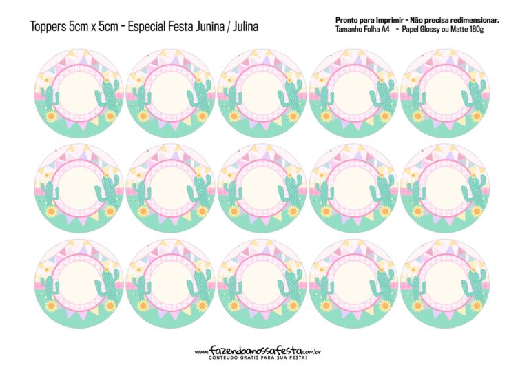 Topper Redondo Festa Junina Rosa - Fazendo a Nossa Festa