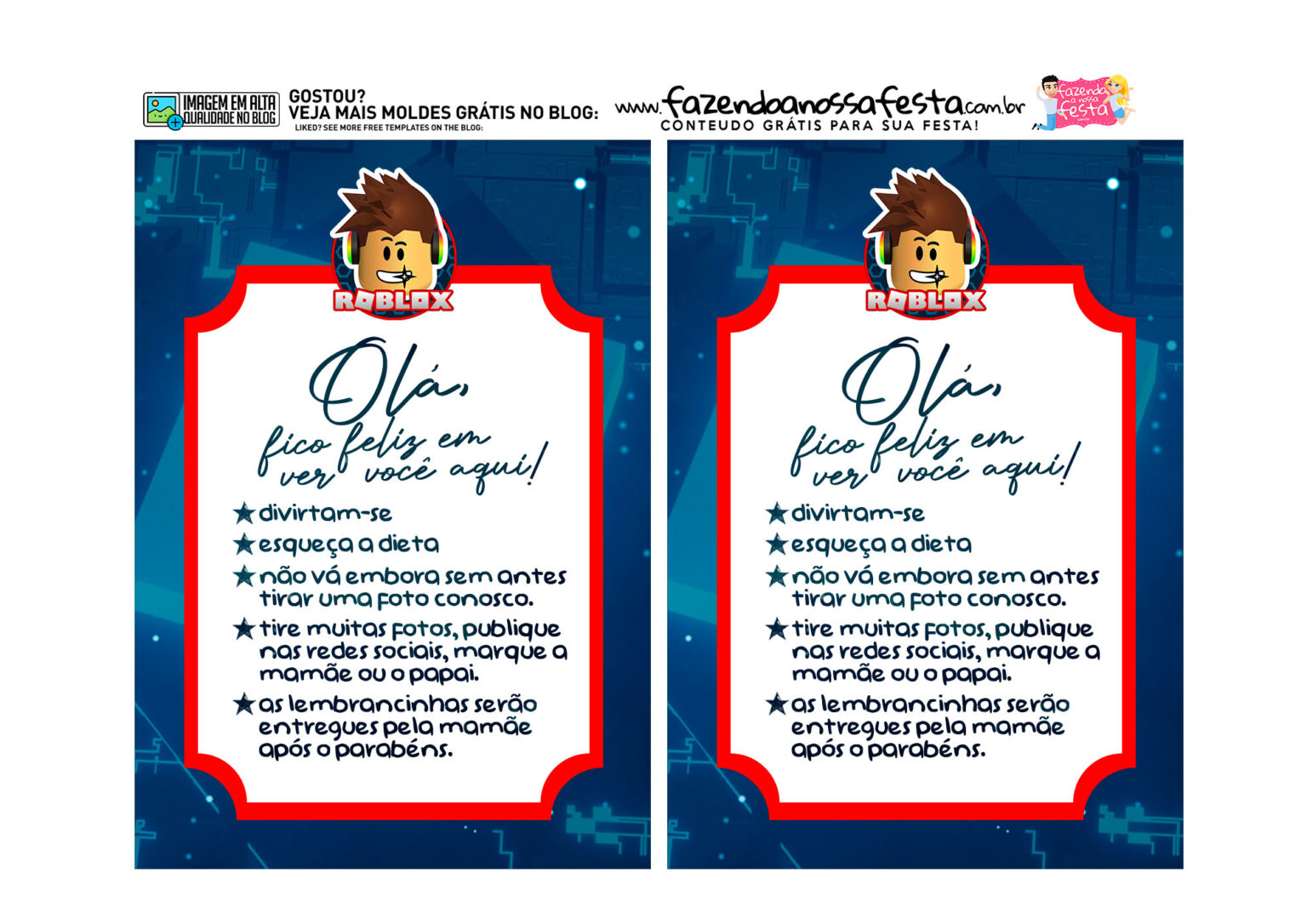 Aviso de Mesa Kit Festa Roblox - Fazendo a Nossa Festa
