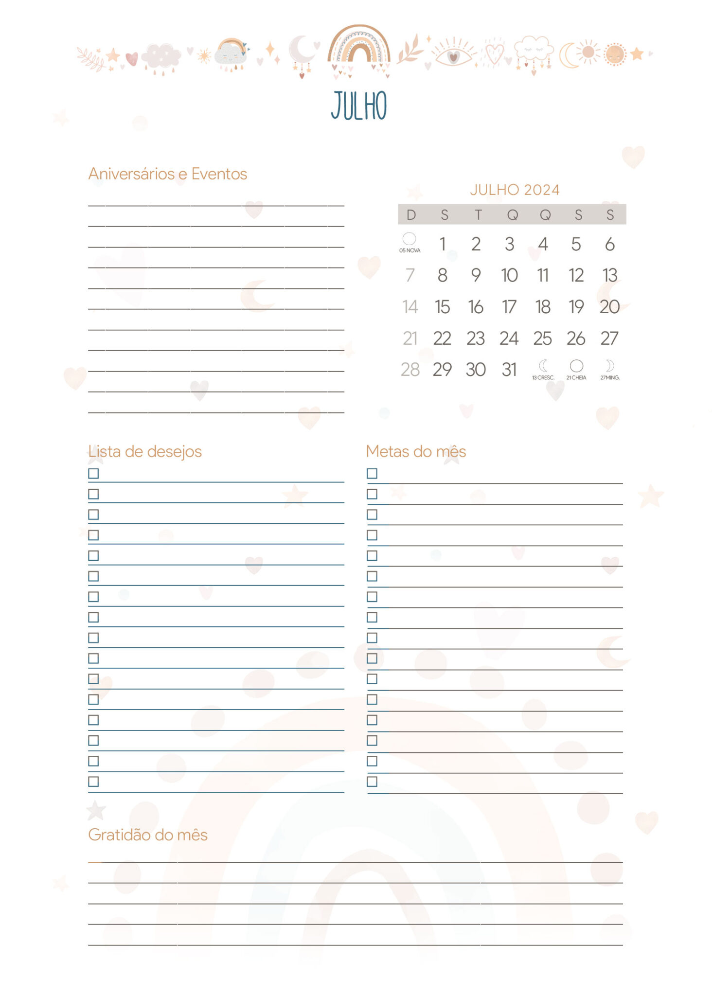 Agenda Julho Planner Arco Iris Boho - Fazendo a Nossa Festa