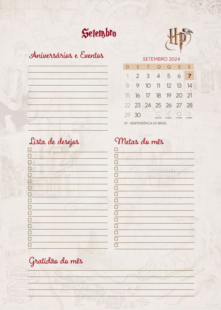 Agenda Setembro Planner 2024 Harry Potter - Fazendo a Nossa Festa