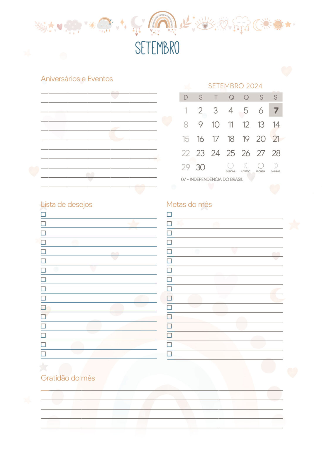 Agenda Setembro Planner Arco Iris Boho - Fazendo a Nossa Festa