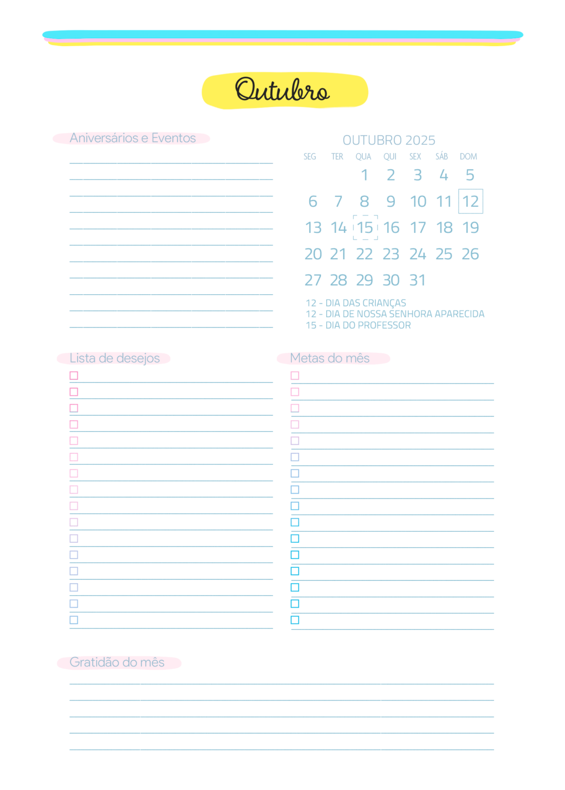 Calendario Mensal Outubro Planner Colorido 25 - Fazendo a Nossa Festa