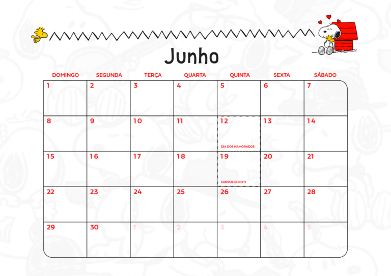 6 Junho Calendario Mensal Snoopy - Fazendo a Nossa Festa