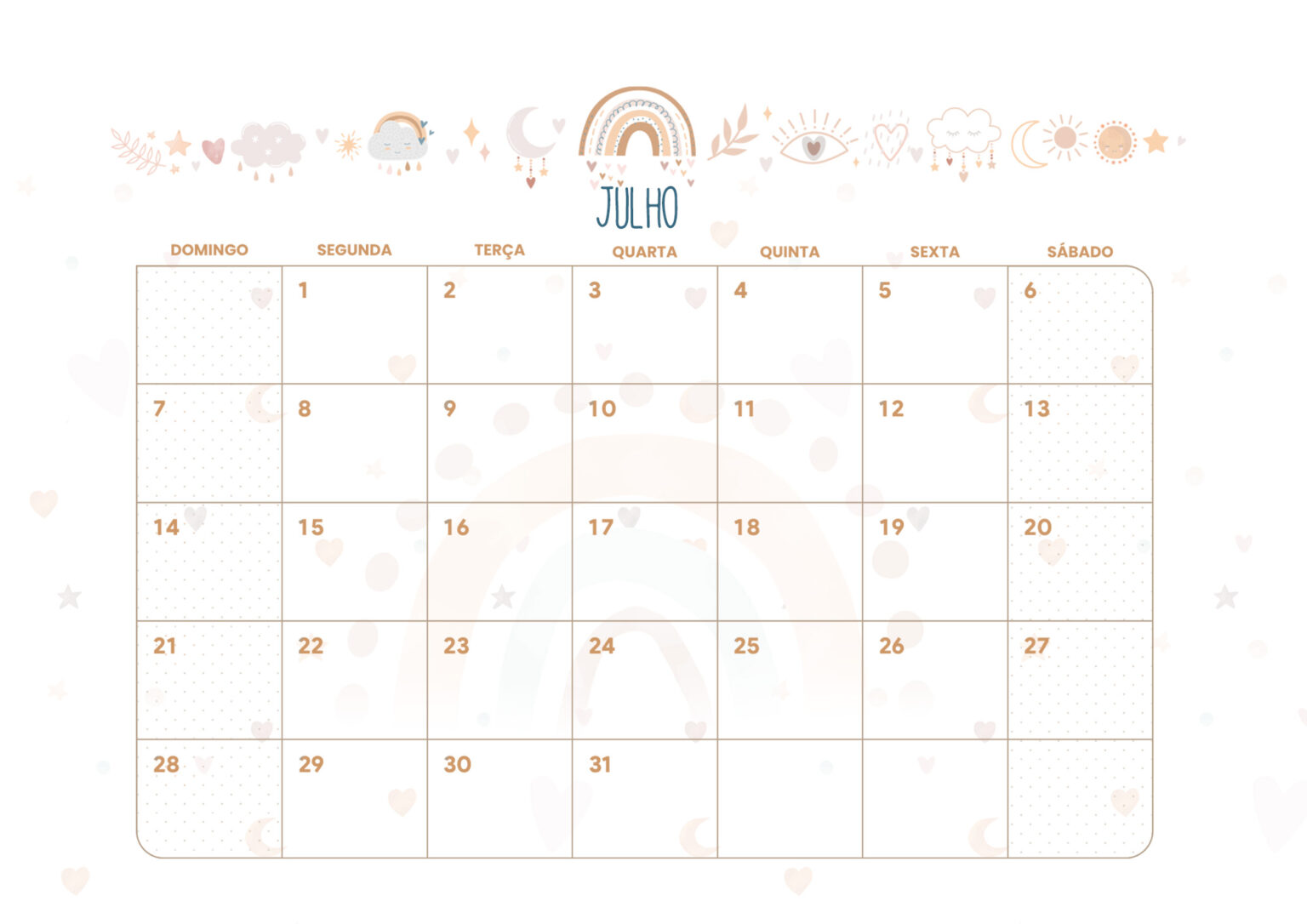Calendário Mensal Arco Iris Boho Julho - Fazendo a Nossa Festa
