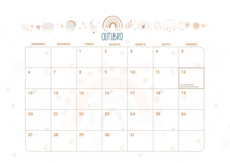 Calendário Mensal Arco Iris Boho Outubro - Fazendo a Nossa Festa