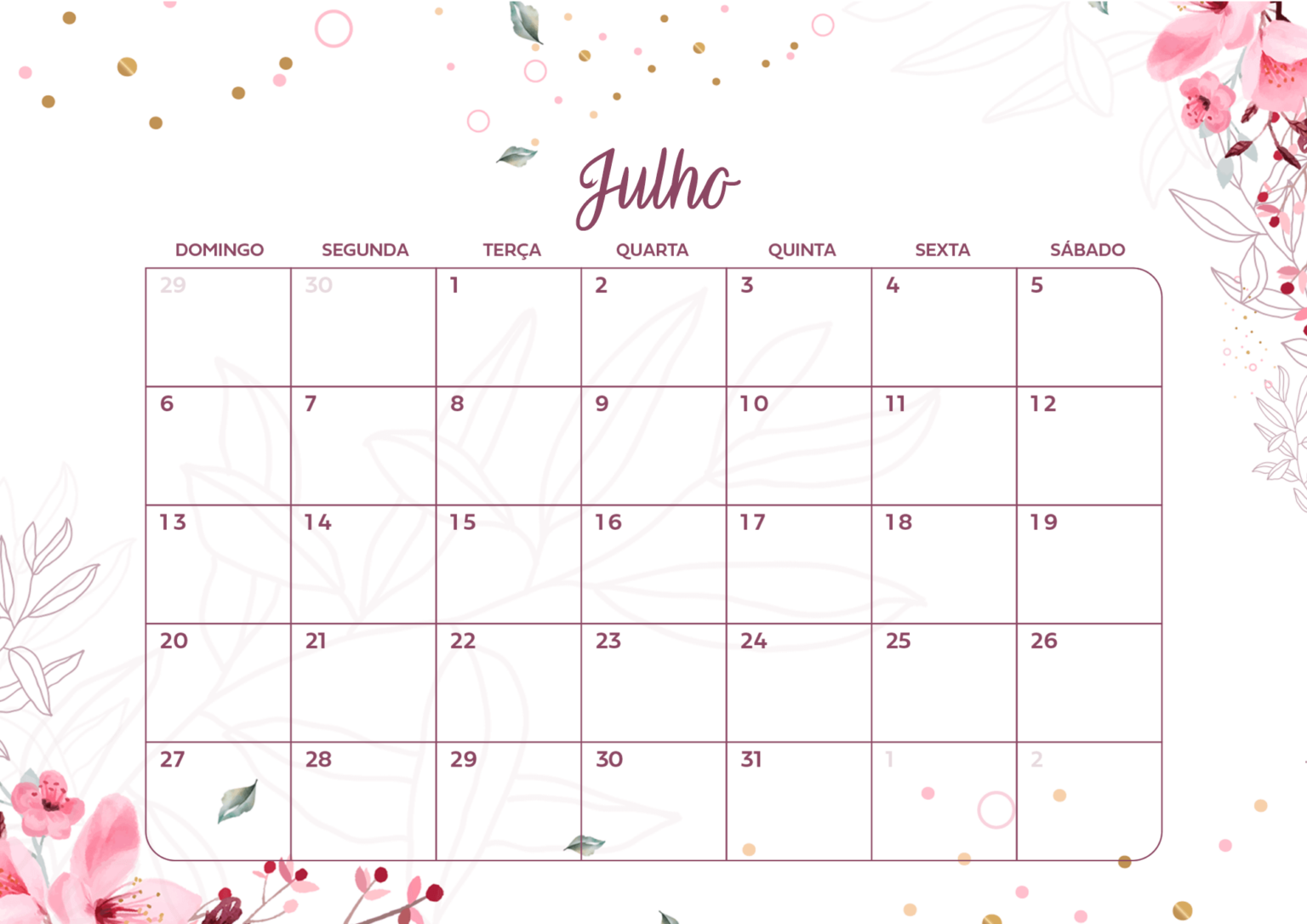 Calendario Mensal Julho - Fazendo a Nossa Festa