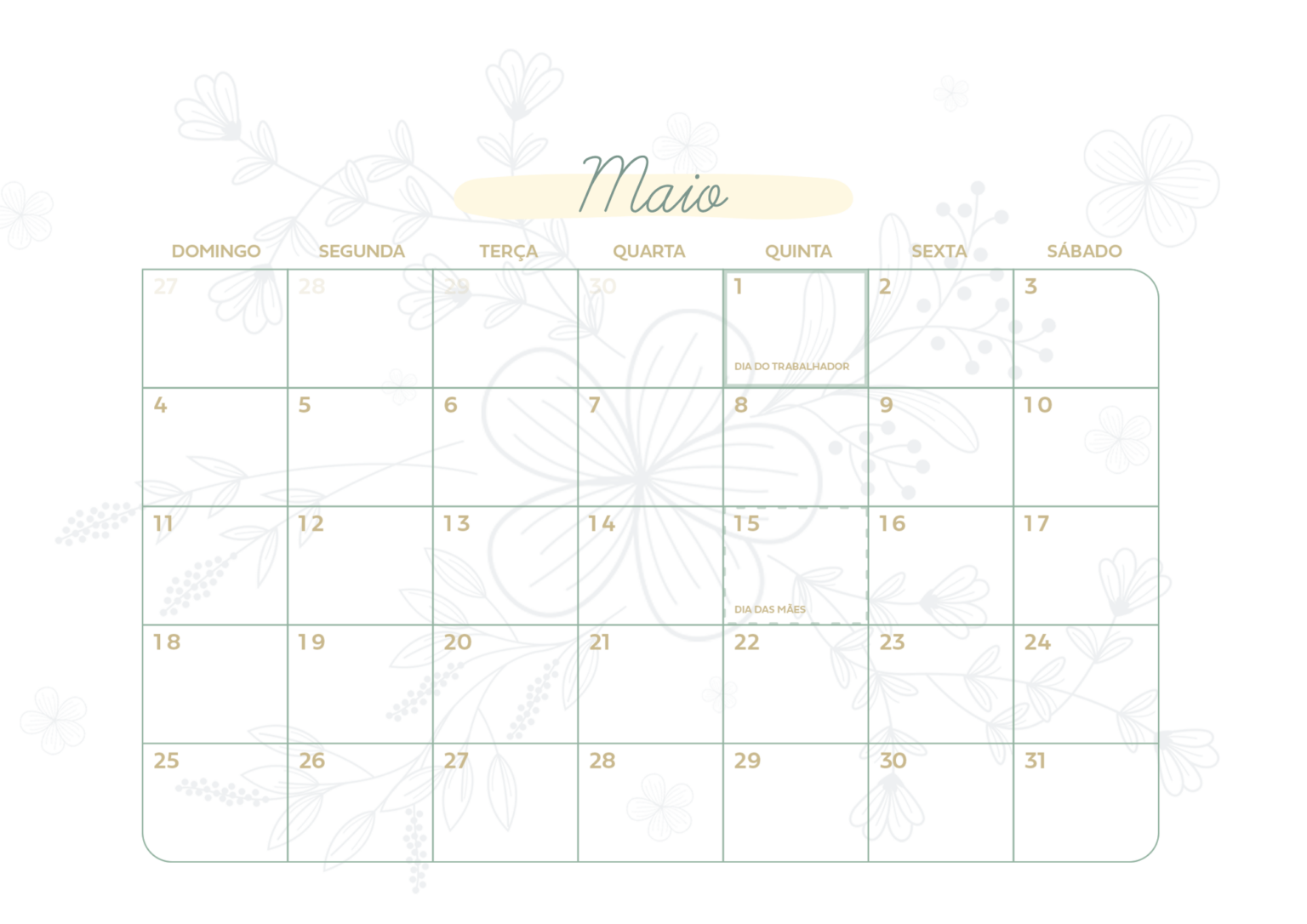 Calendario Mensal Maio - Fazendo a Nossa Festa