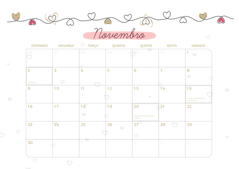 Calendario Mensal Novembro - Fazendo a Nossa Festa