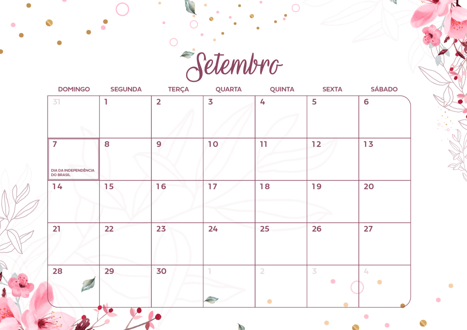 Calendario Mensal Setembro - Fazendo a Nossa Festa