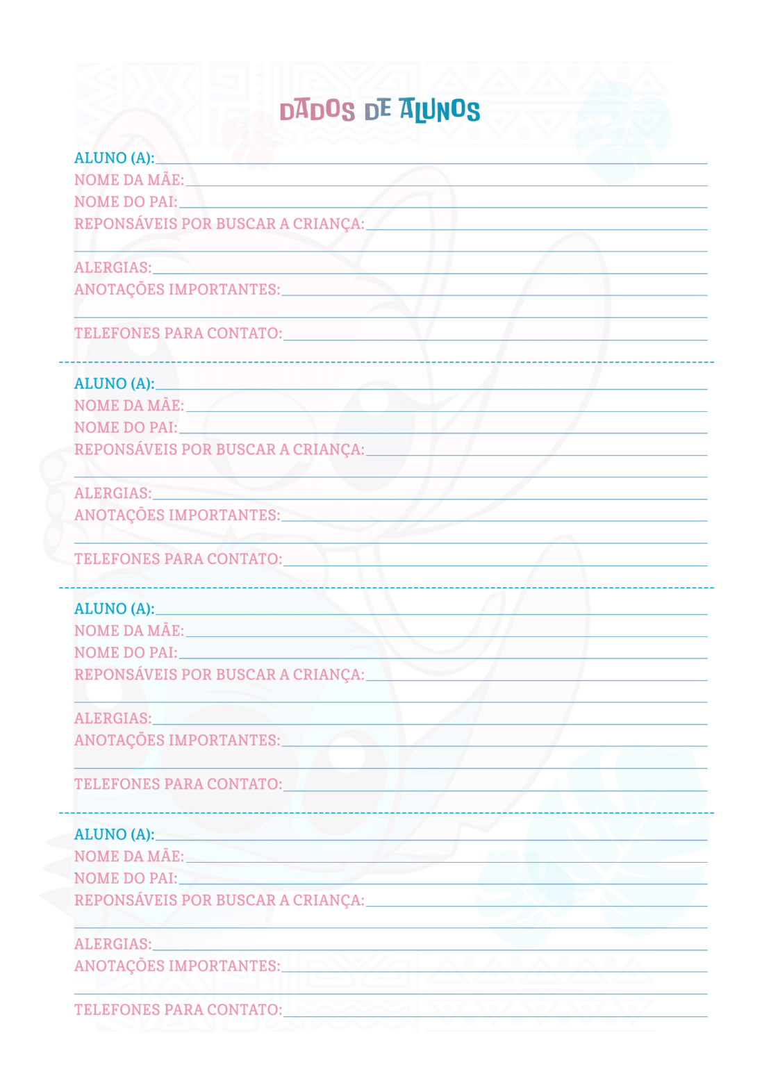 Dados dos Alunos Planner Professor Stitch e Angel - Fazendo a Nossa Festa