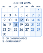 Calendario Junho 2025 Azul - Fazendo a Nossa Festa