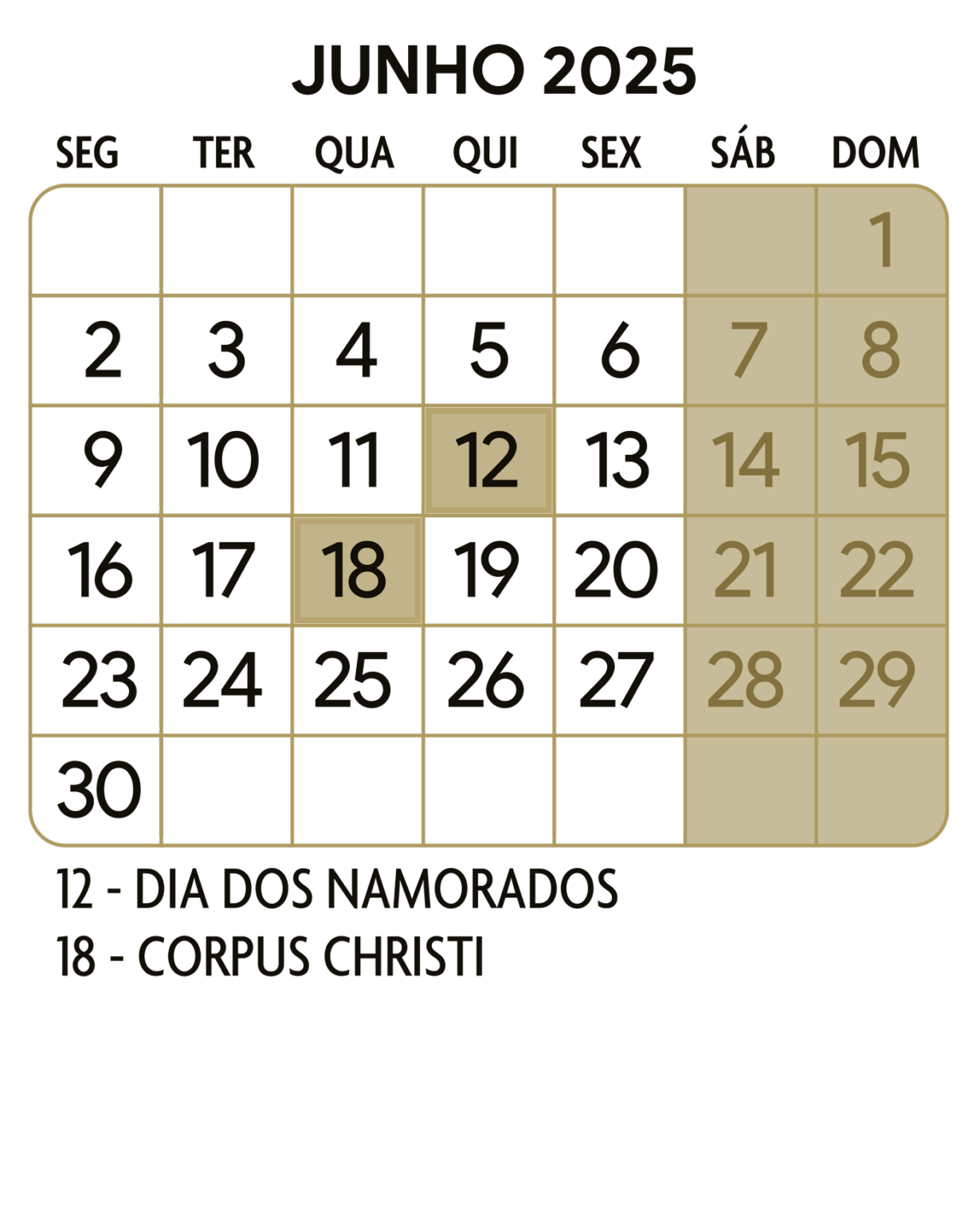 Calendario Junho 2025 Dourado - Fazendo a Nossa Festa