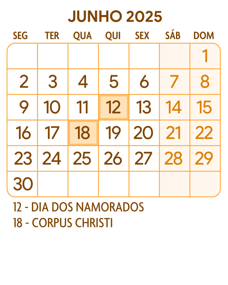 Calendario Junho 2025 Laranja - Fazendo a Nossa Festa