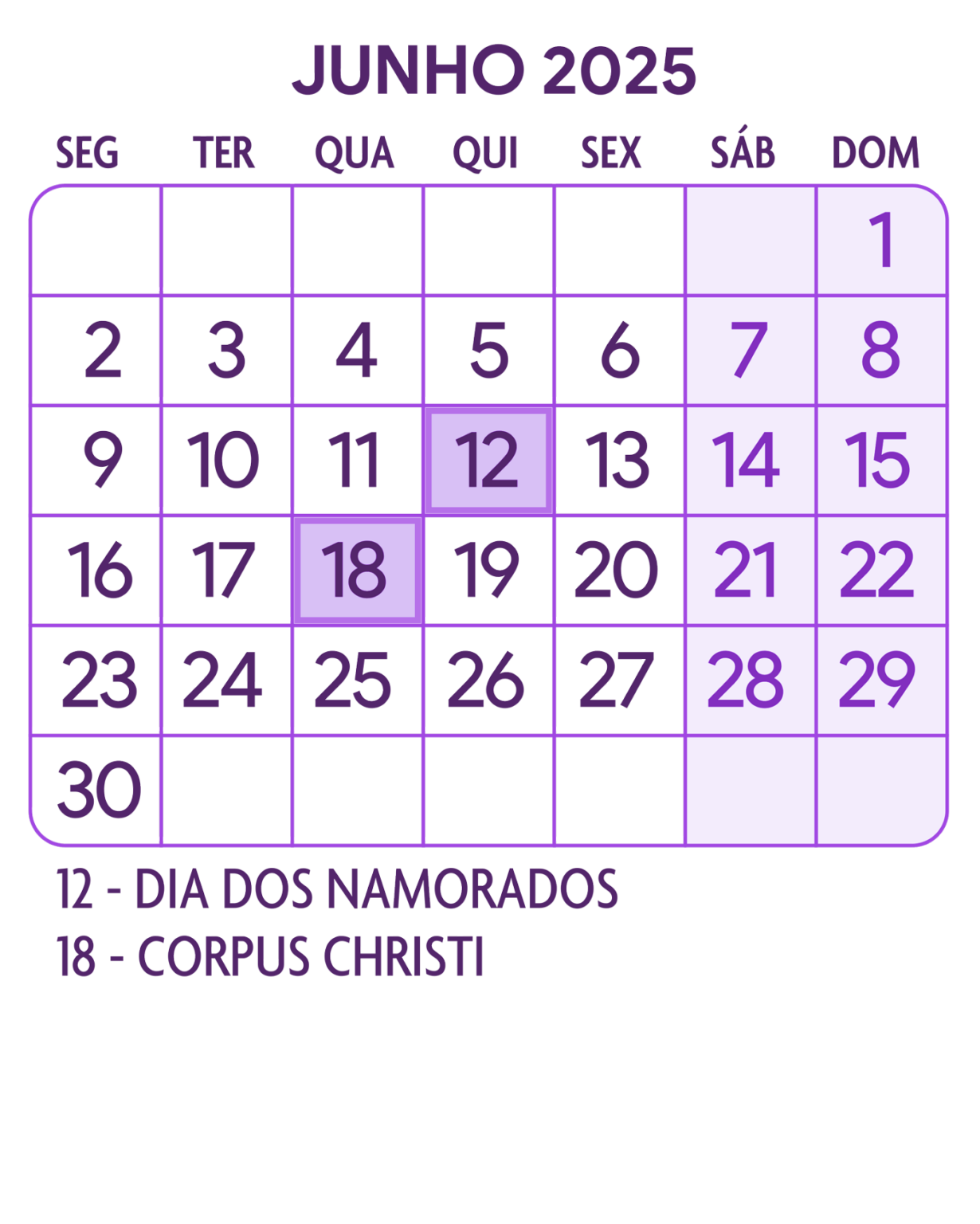 Calendario Junho 2025 Roxo - Fazendo a Nossa Festa