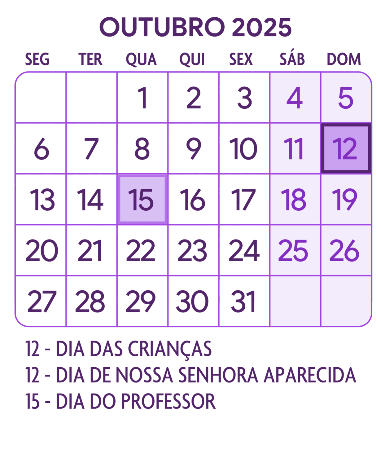 Calendario Outubro 2025 Roxo - Fazendo a Nossa Festa