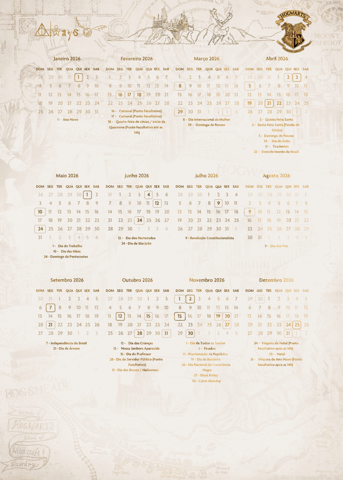 Calendario 2026 do Planner Harry Potter 2025 - Fazendo a Nossa Festa