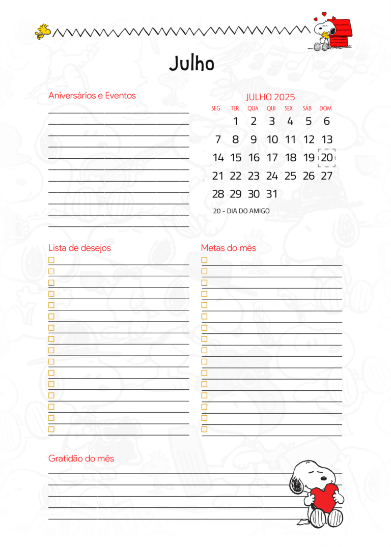 Calendario Mensal Julho Planner Snoopy - Fazendo a Nossa Festa