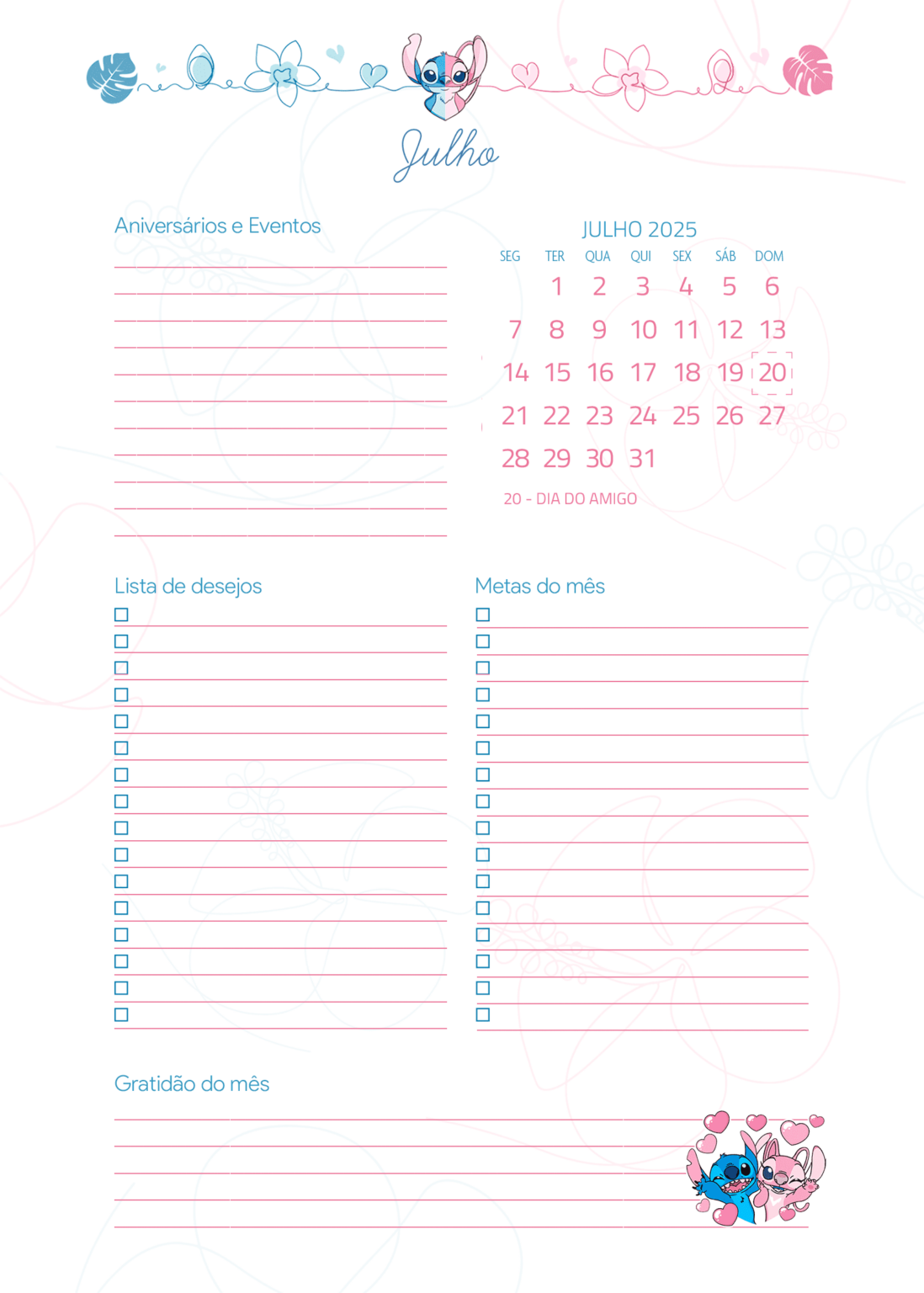 Calendario Mensal Julho Planner Stitch e Angel - Fazendo a Nossa Festa