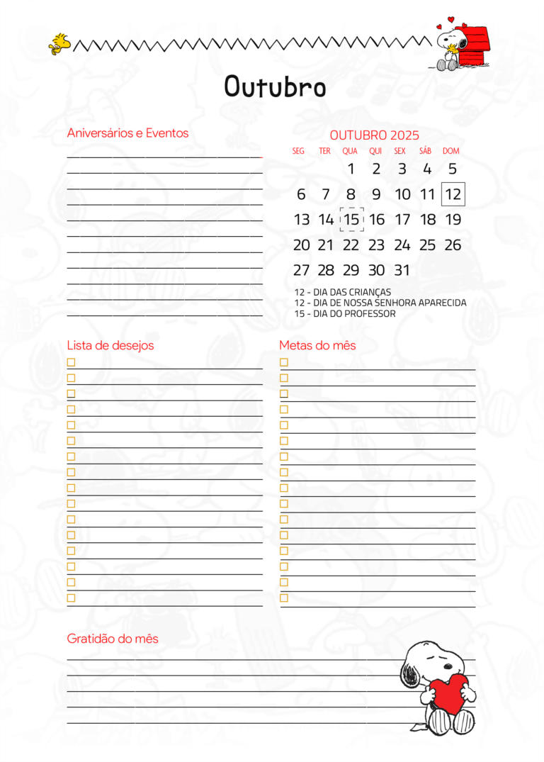 Calendario Mensal Outubro Planner Snoopy - Fazendo a Nossa Festa