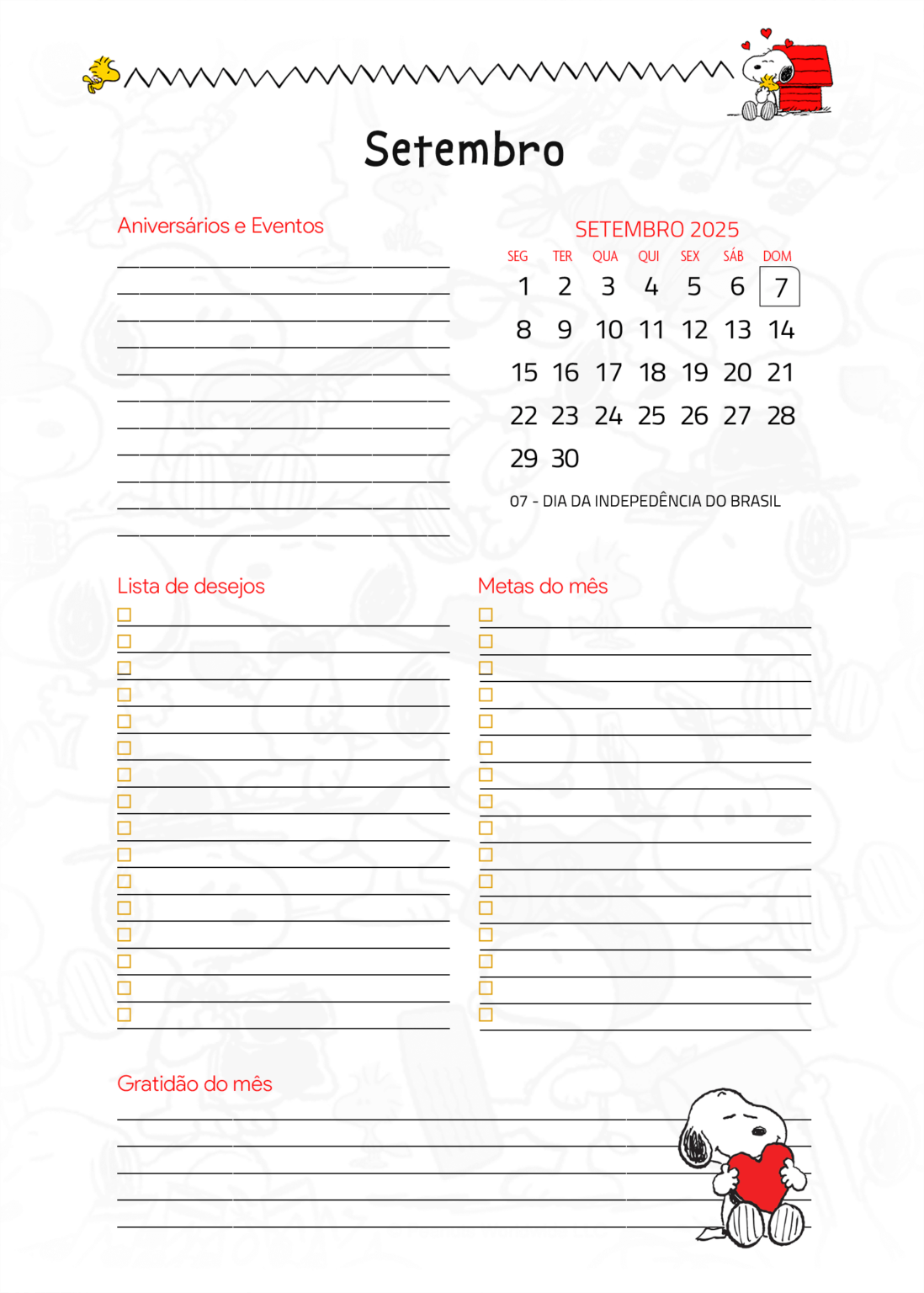 Calendario Mensal Setembro Planner Snoopy - Fazendo a Nossa Festa